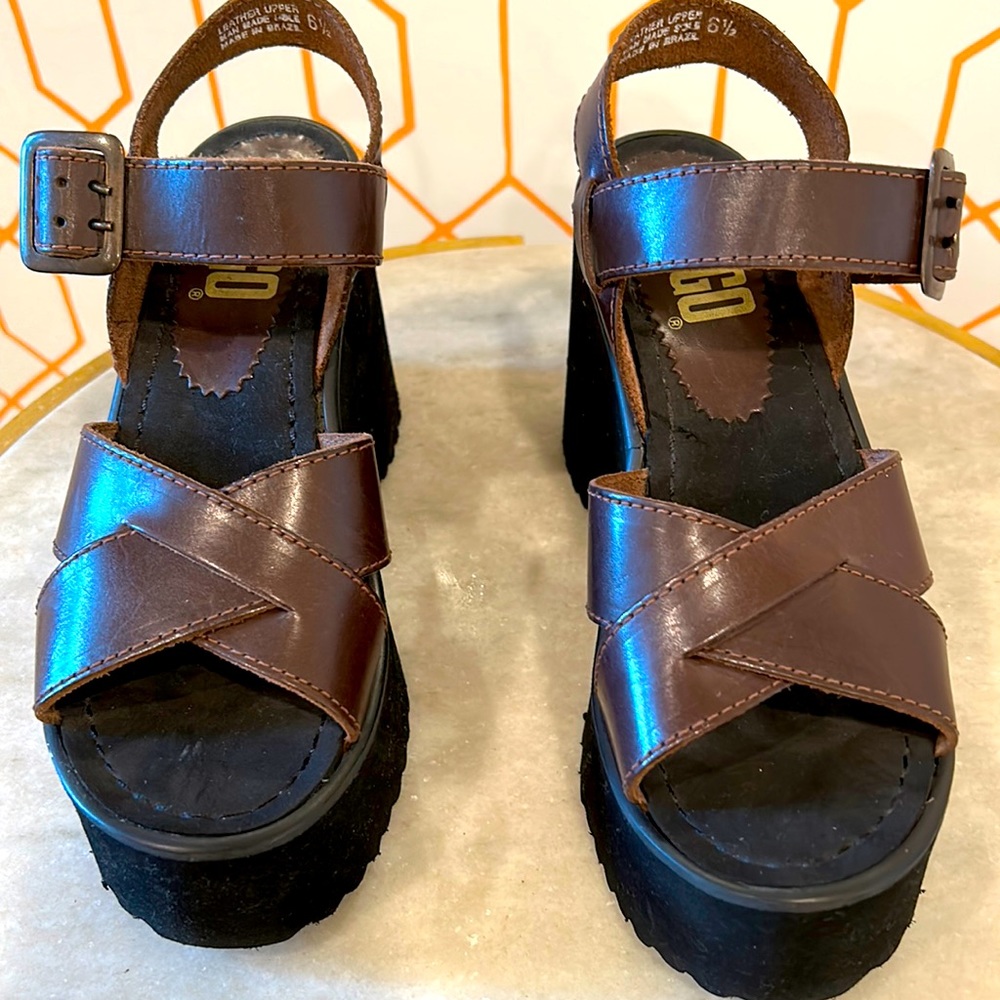 Vintage Bongo Brown Leather Upper Platform Sandals. S… - Gem
